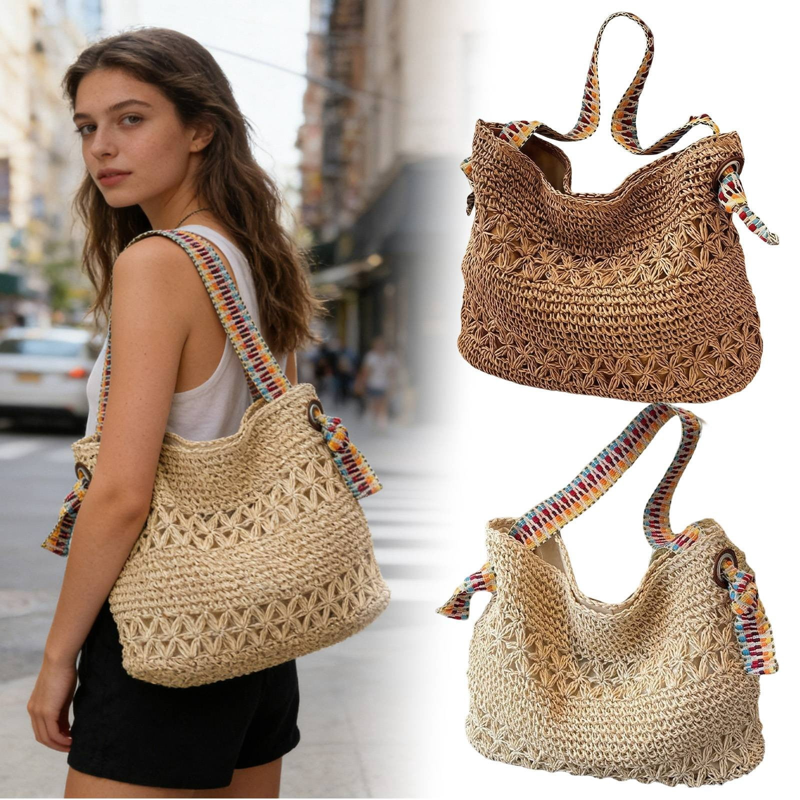 CAIXIA Summer Large Capacity Woven Shoulder Bag Casual Boho Tote Purse ...