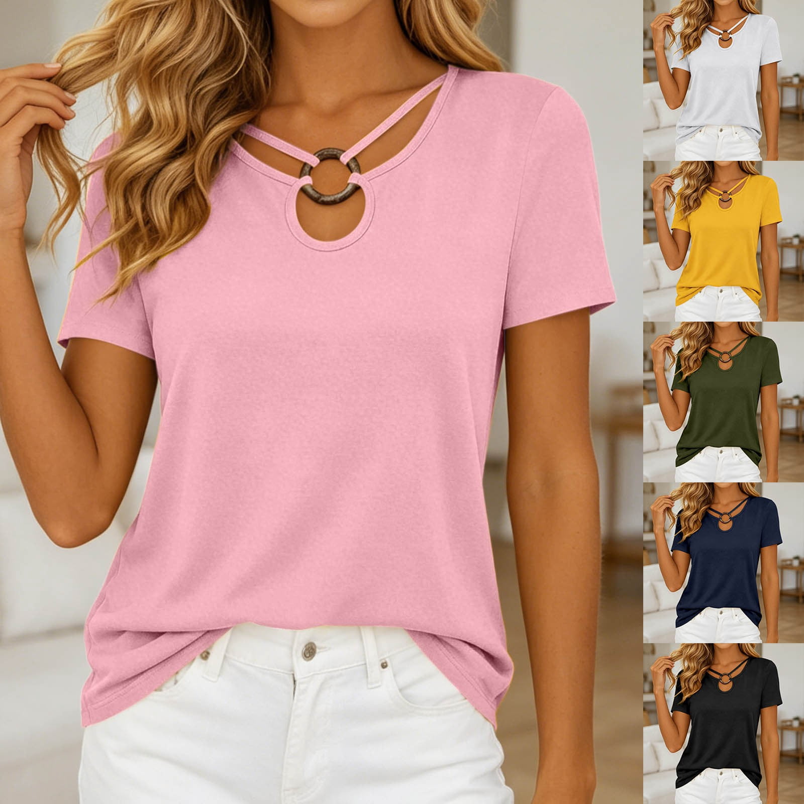 CAIXIA Summer Spring Tops for Women 2026 Keyhole Neck Short Sleeve Tee ...