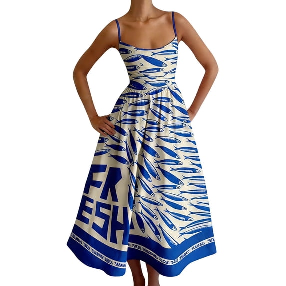 CAIXIA Sun Dresses Women Women's U Neck Waist Pleated Casual Dress ...