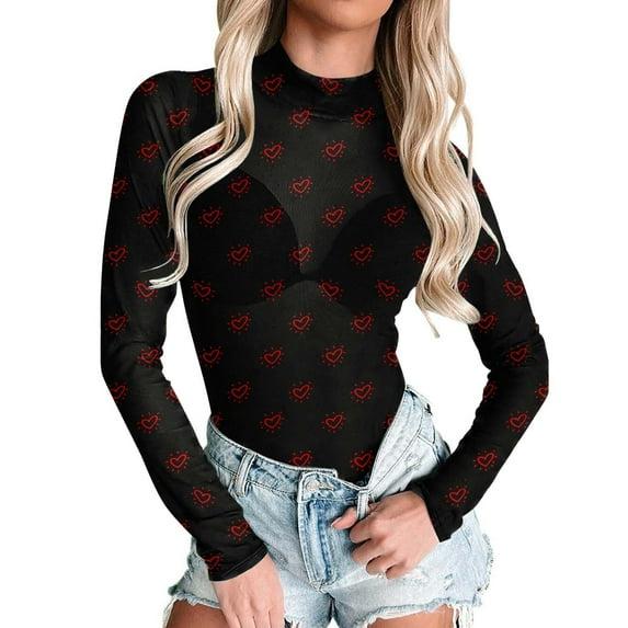 CAIXIA Valentine Women's Mesh Tops Heart Print See Through Shirts Mesh ...