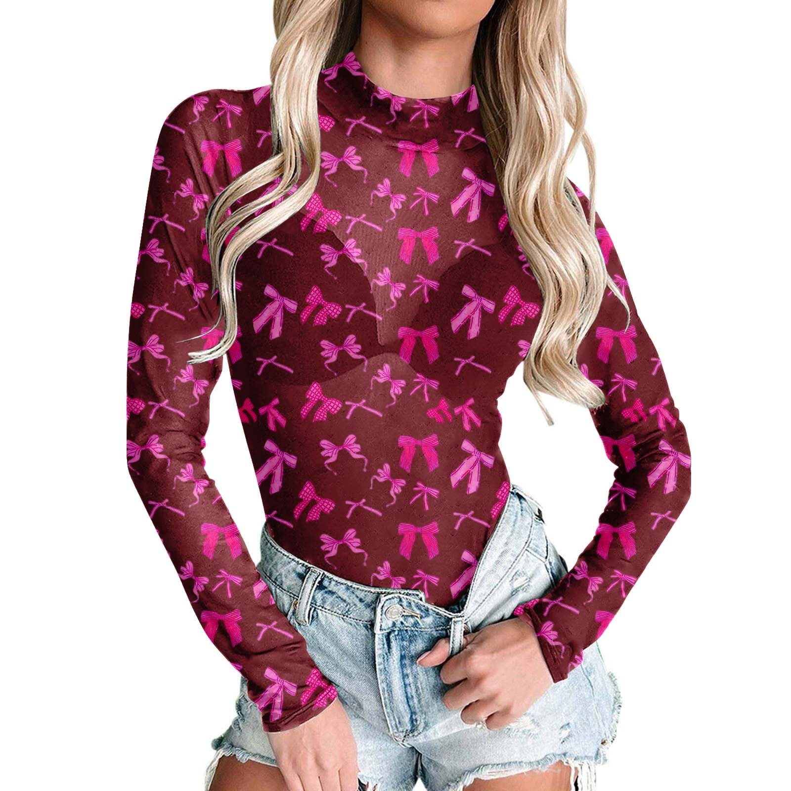 CAIXIA Valentines Day Women's Mesh Tops Cute Heart Long Sleeve Sheer T ...