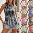 CAIXIA Women Gingham Sleeveless Shirts Ruffle Round Neck Peplum Tank ...