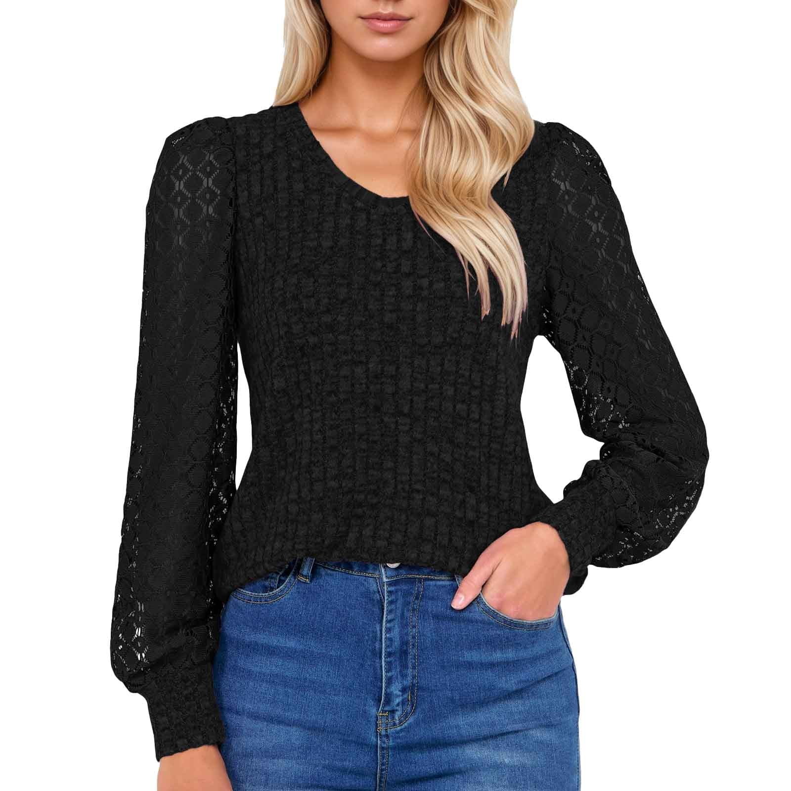 CAIXIA Women Long Sleeve Shirts Fall Lace Tops 2025 Fashion V Neck Sweaters Dressy Casual Winter ...
