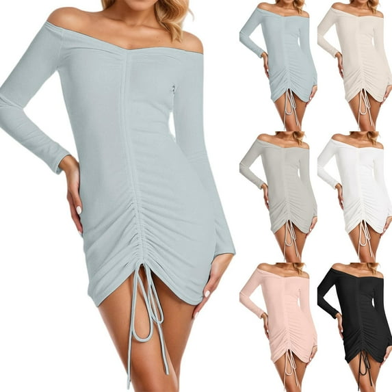CAIXIA Women's Long Sleeve Off Shoulder Ruched Drawstring Bodycon Mini ...