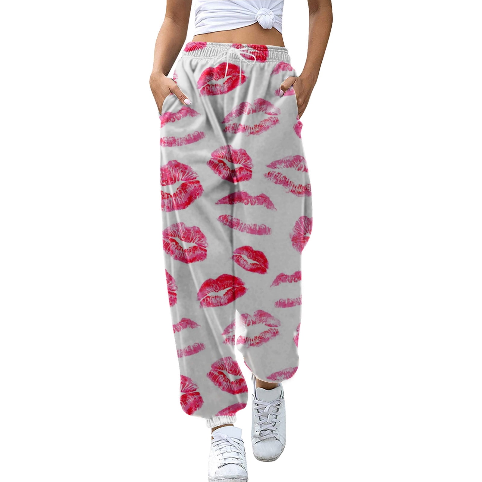 CAIXIA Women's Pants Heart Print Bow Lightweight Printed Slacks Women's ...