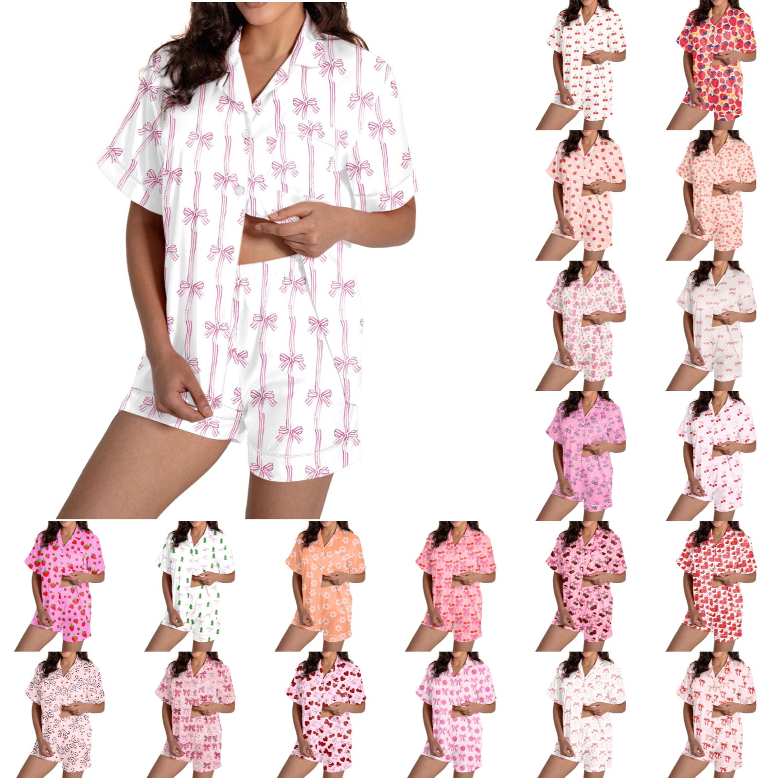 CAIXIA Women’s Silk Satin Pajama Set,Heart Short Sleeve Button Down 2 ...