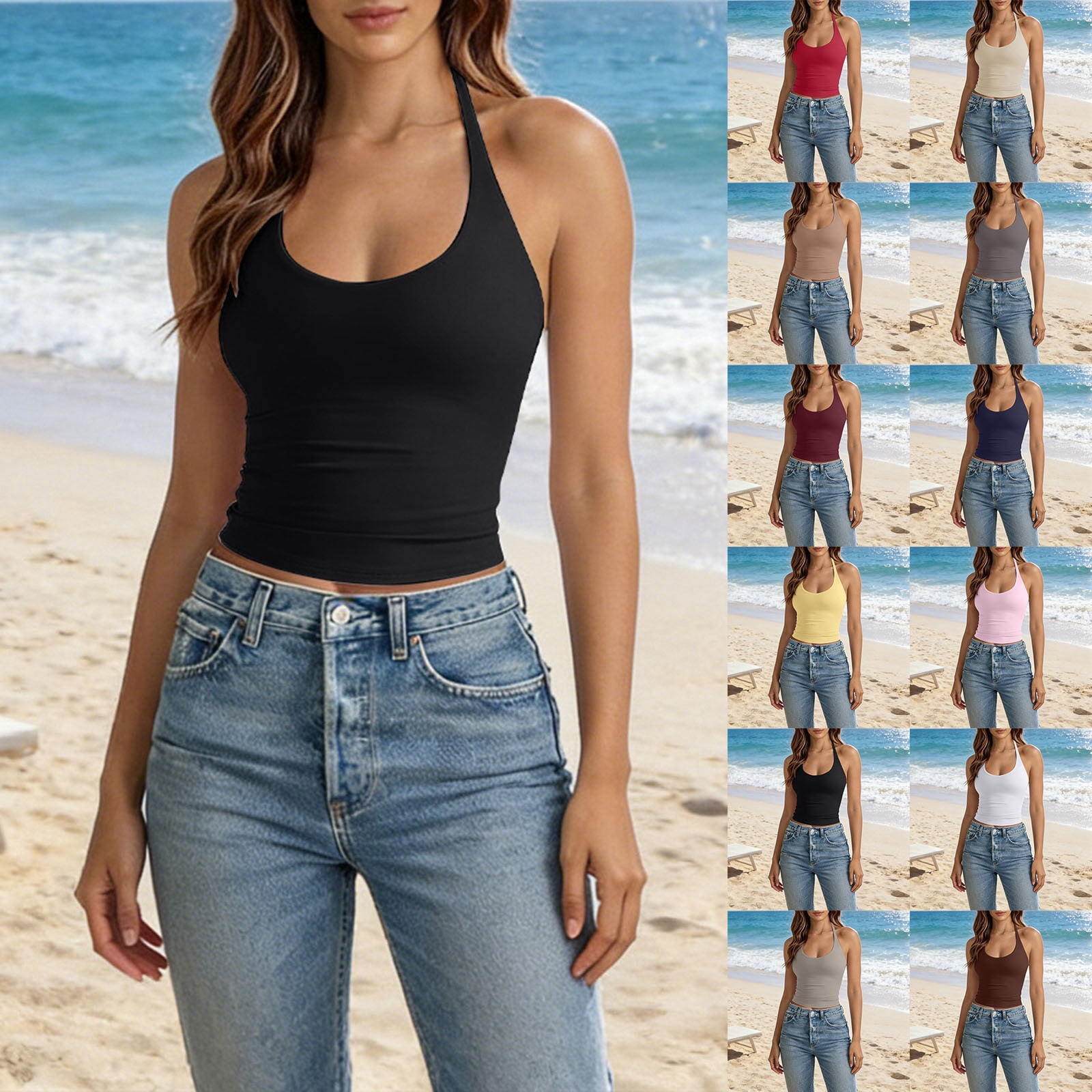 CAIXIA Women's Tie Halter Tops Backless Scoop Neck Double Lined Basic ...
