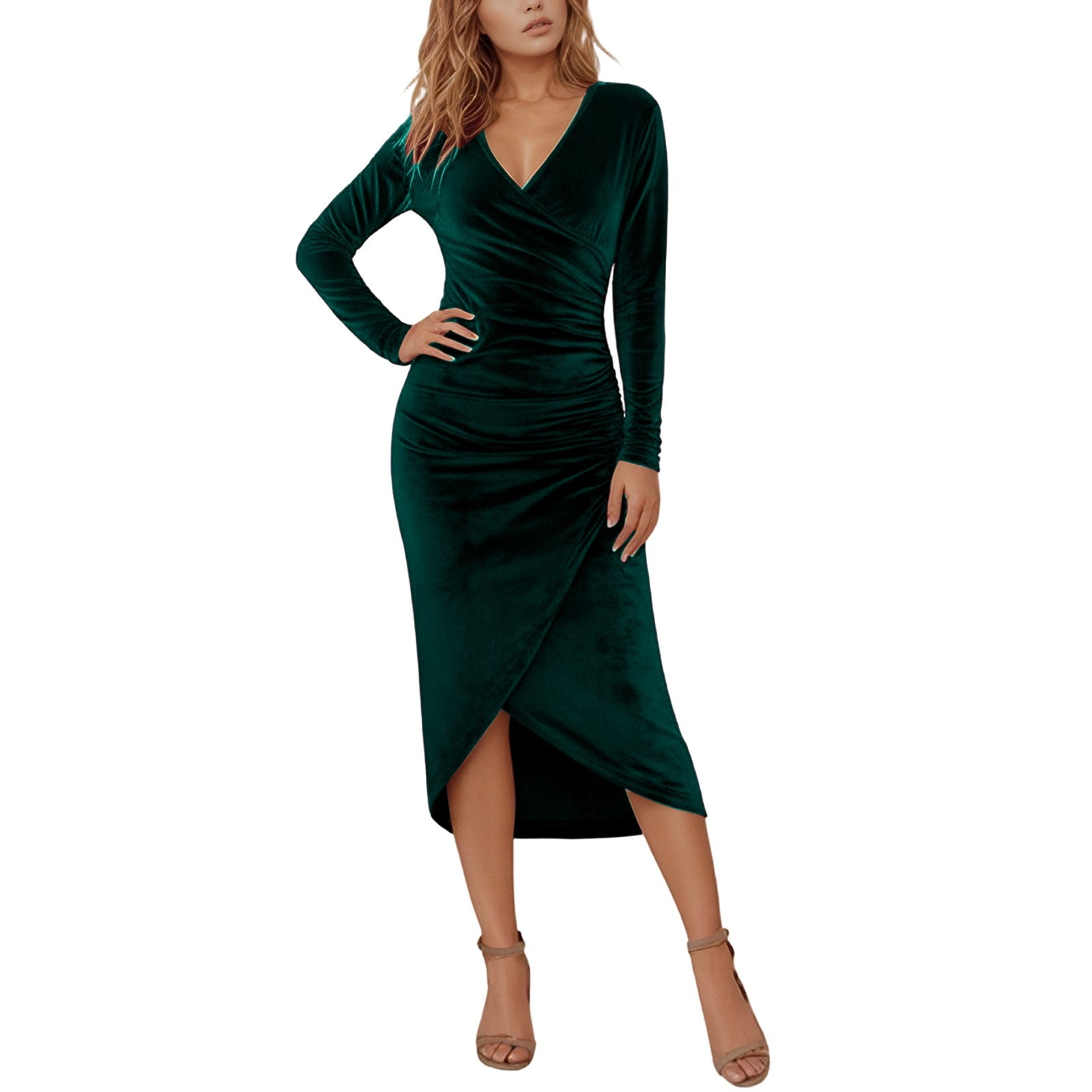CAIXIA Women's V Neck Wrap Velvet Long Sleeve Elegant Bodycon Ruched ...