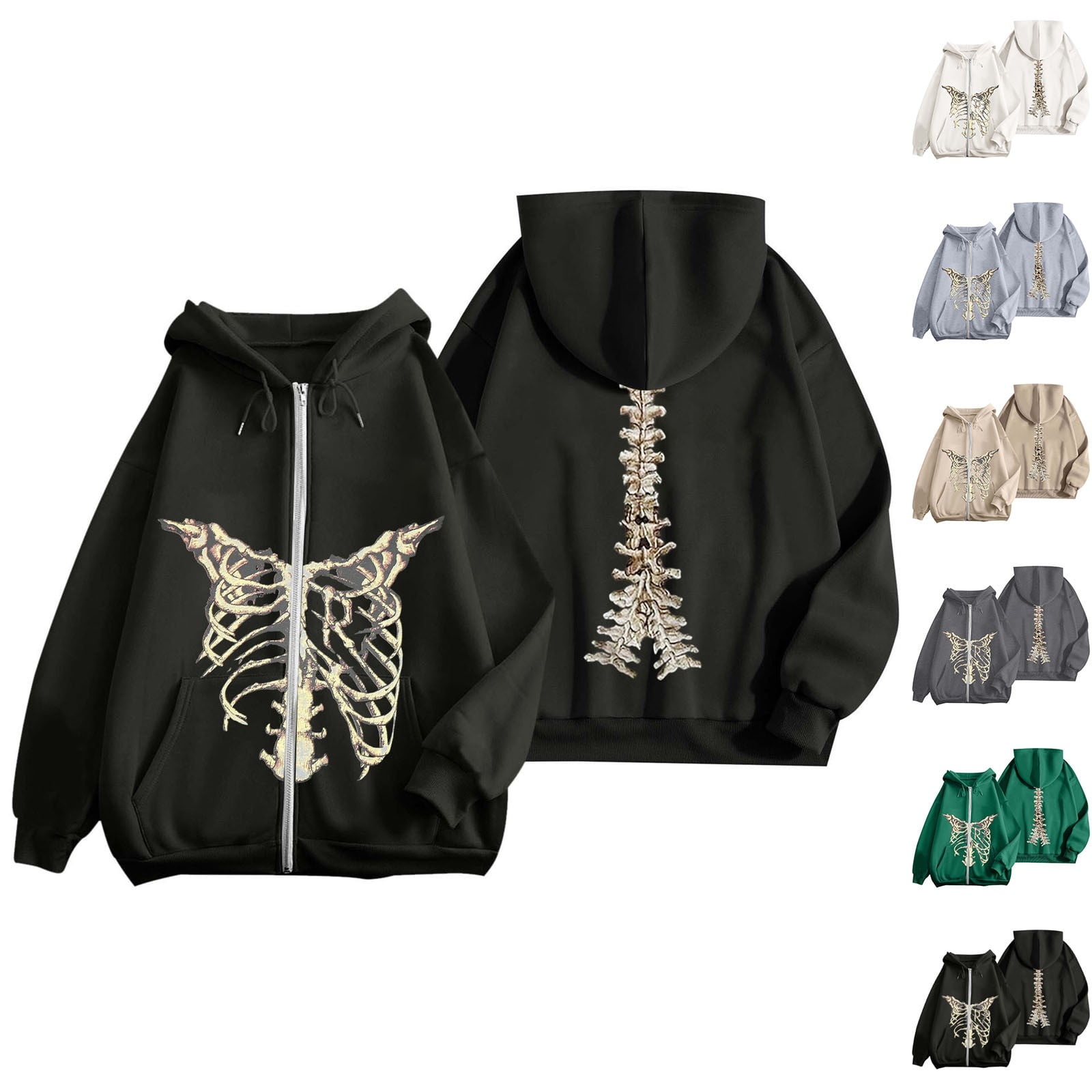 CAIXIA Women's Zip Up Hoodies Skeleton Graphic Long Sleeve Loose Cardigant Jackets Y2K Casual ...