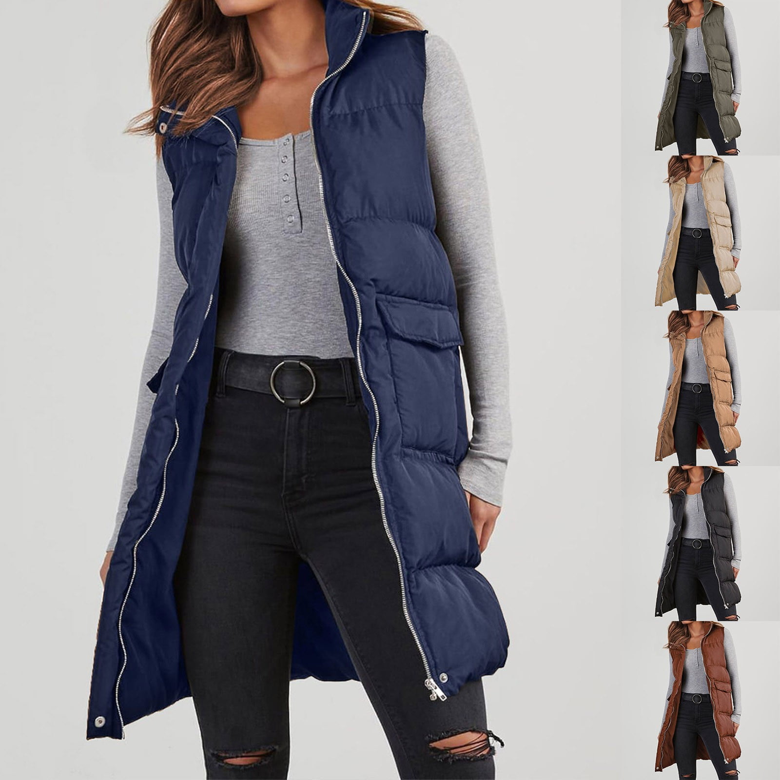 CAIXIA Womens 2025 Long Puffer Vest Full-Zip Hooded Sleeveless Down Jacket Coats with Pockets ...