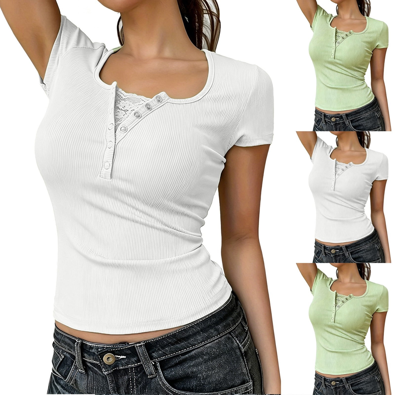 CAIXIA Womens 2026 Summer Short Sleeve Tops Ribbed Henley Button Slim ...