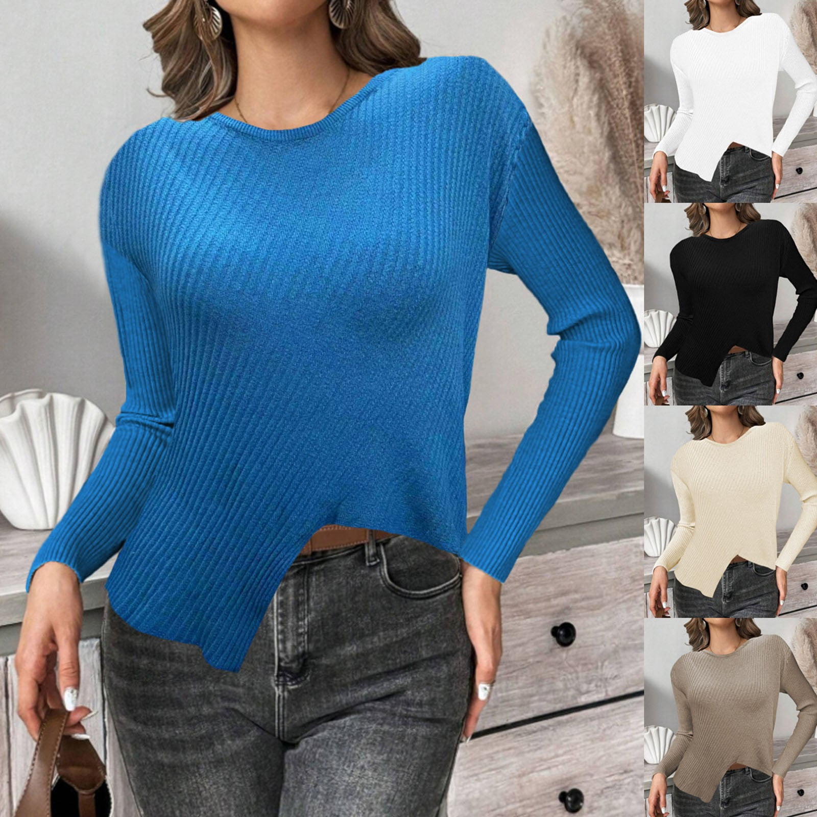 CAIXIA Womens Cable Knit Sweater Asymmetrical Hem Split Knit Pullover ...