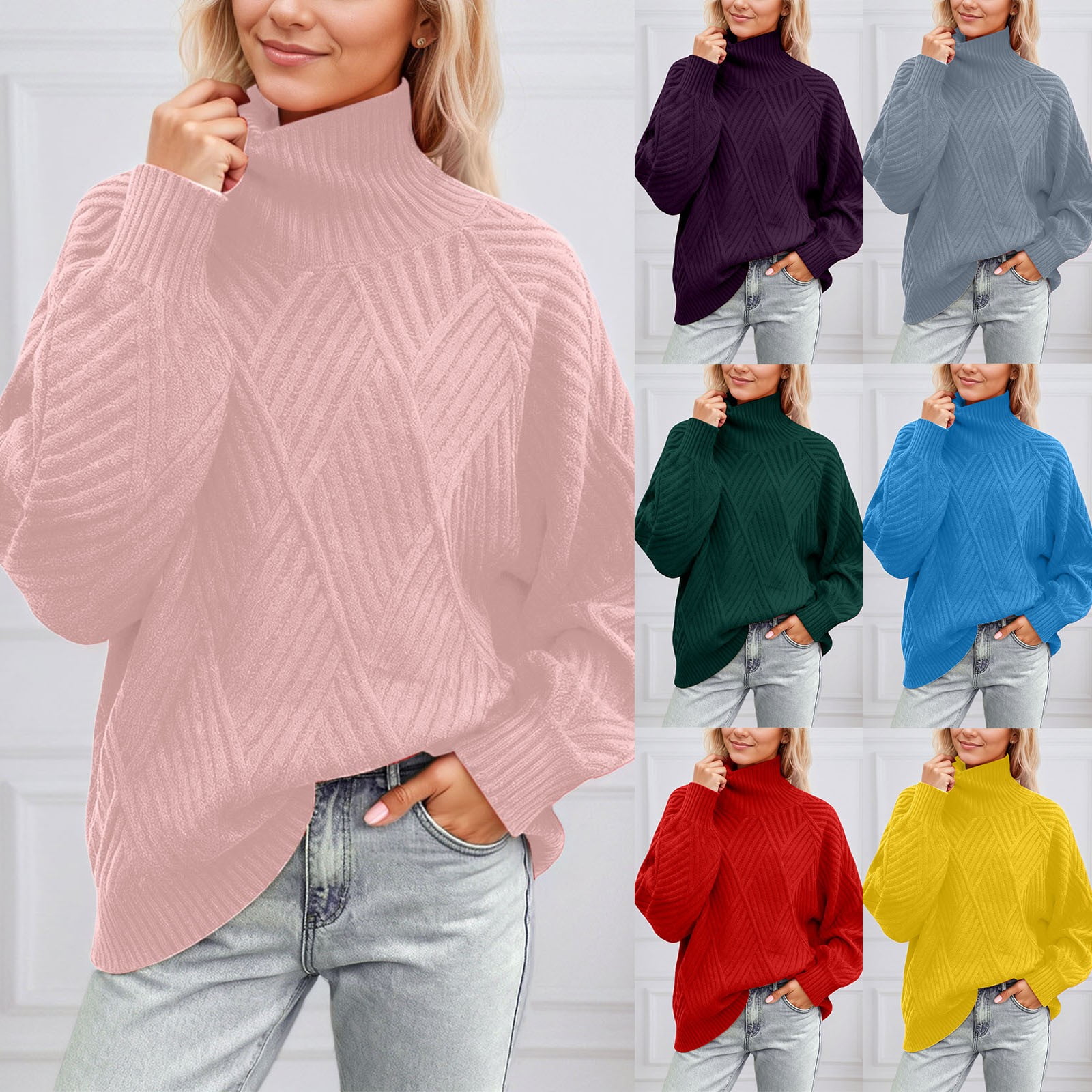CAIXIA Womens Cable Knit Sweater Crochet Pattern High Neck Pullover ...
