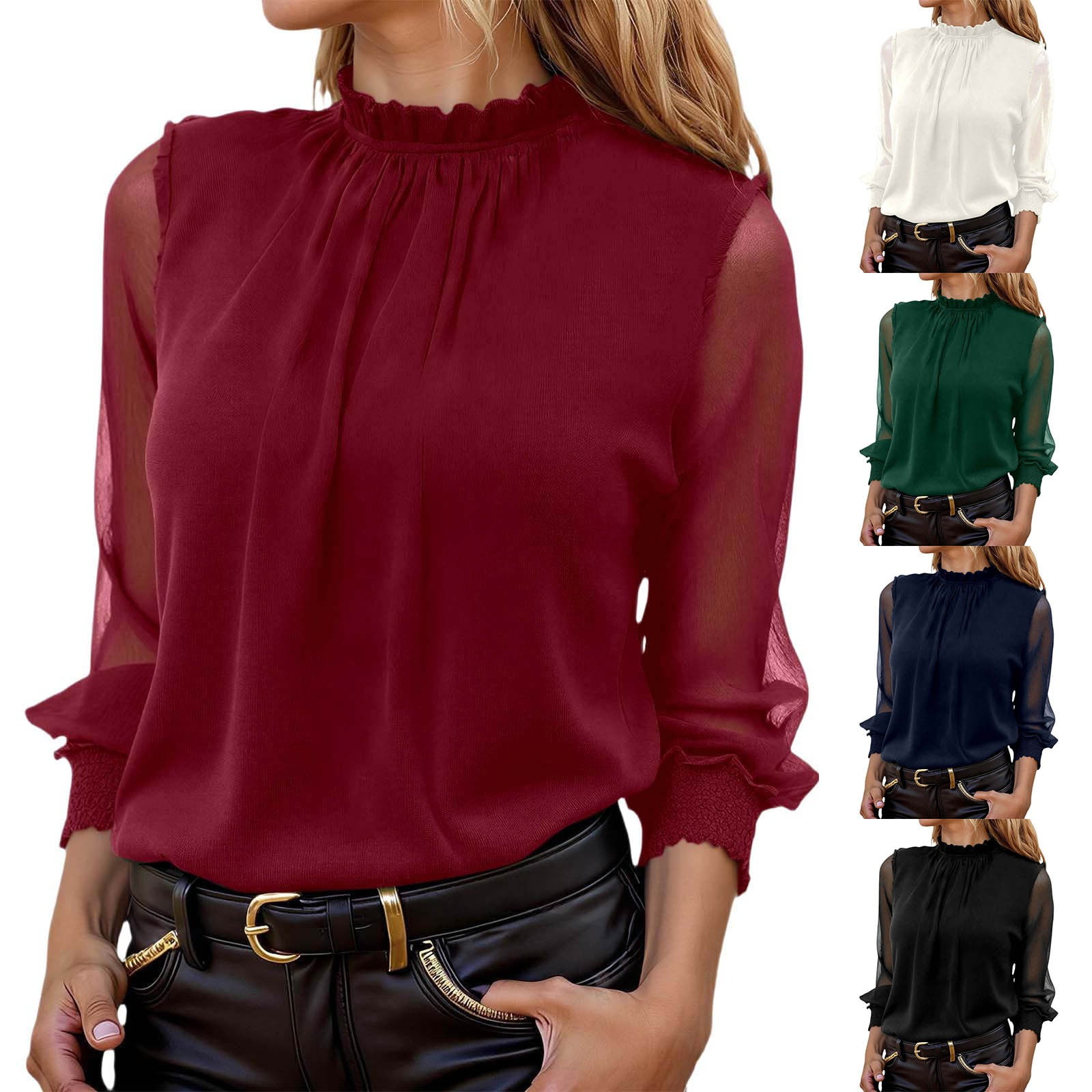 CAIXIA Womens Chiffon Blouse Long Sleeve High Neck Sheer Mesh Elegant ...