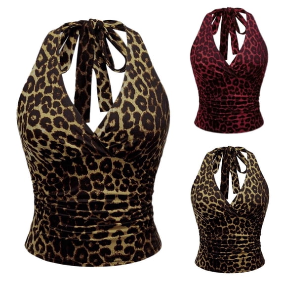 CAIXIA Womens Leopard Print Ruched Halter Crop Tops V Neck Tie Back ...