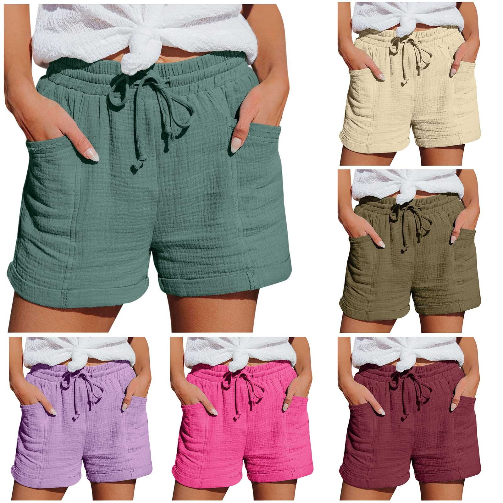 CAIXIA Womens Linen Shorts Summer Casual Drawstring High Waist Beach ...