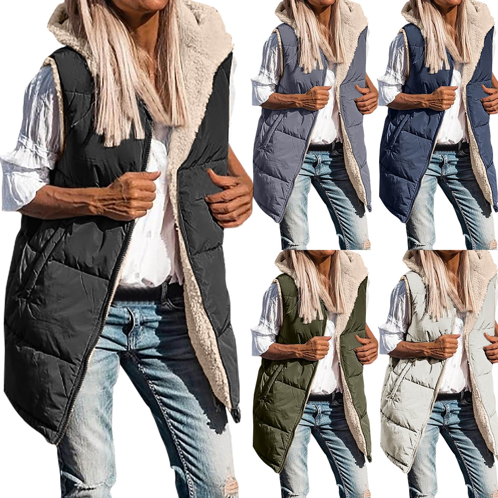 CAIXIA Womens Puffer Vest Long Winter Sleeveless Puffy Jacket with Hood ...
