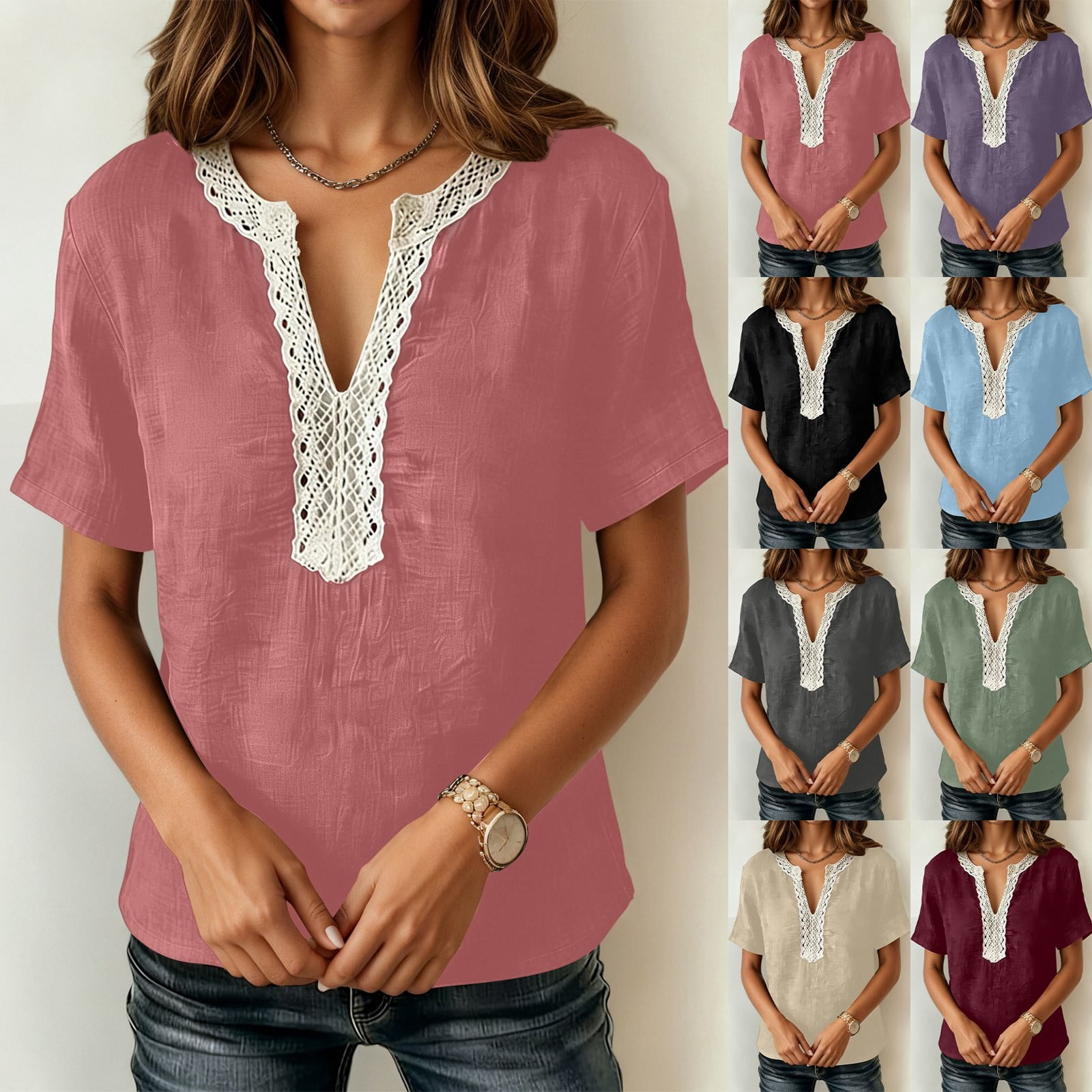 CAIXIA Womens Short Sleeve Henley Tops V Neck Dressy Casual Blouses ...