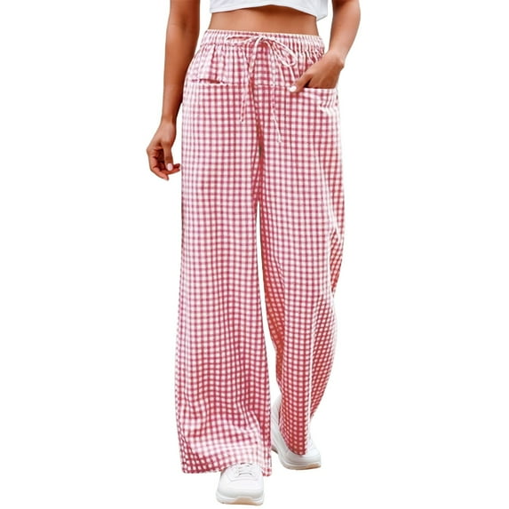 CAIXIA Womens Striped Gingham Pants 2025 Pajama Drawstring Wide Leg ...