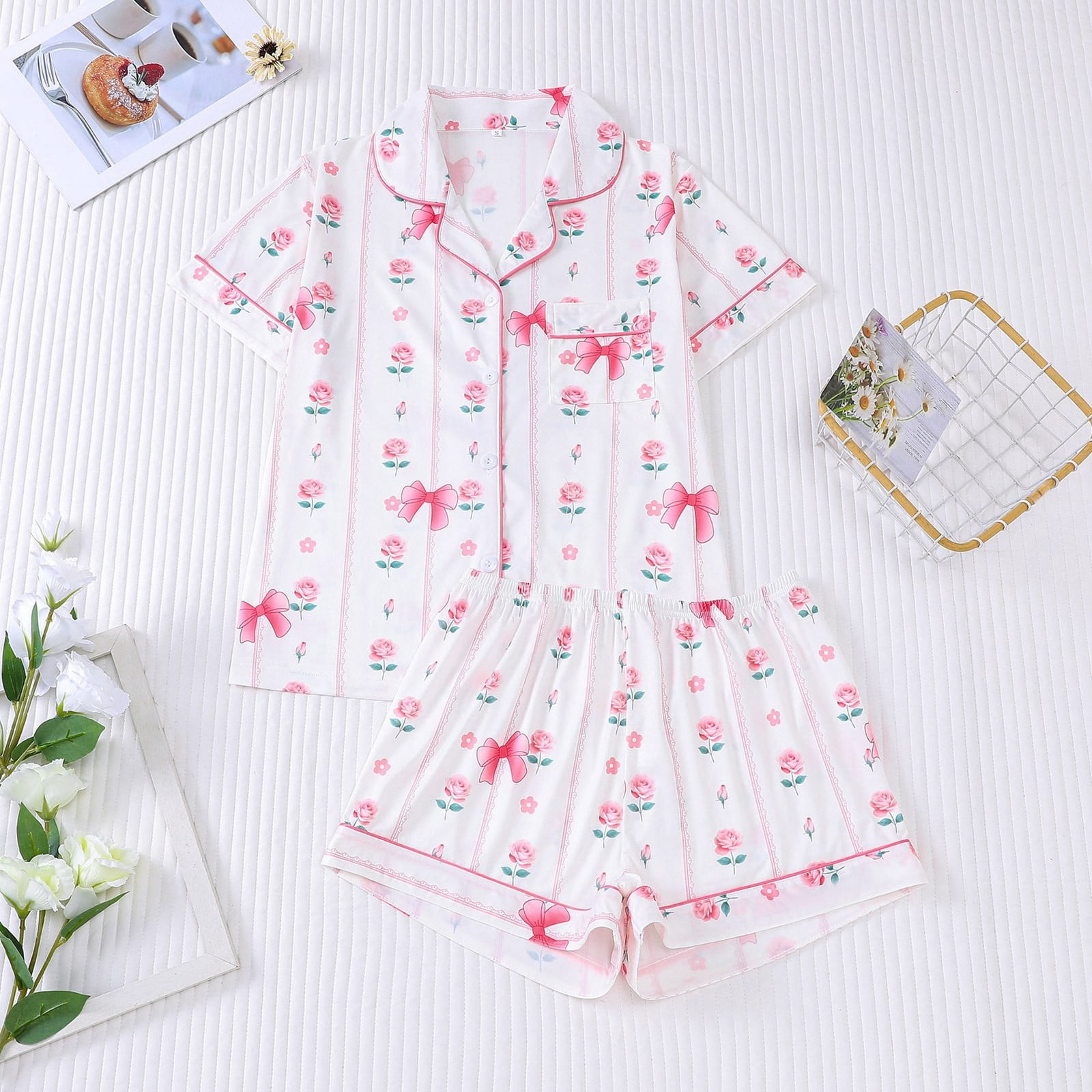 CAIXIA Womens Summer Pajamas Sets 2 Piece Button Down Soft Pjs Cute ...
