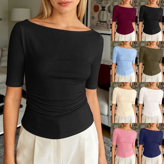 CAIXIA Womens Summer Short Sleeve Tops Boat Neck Ribbed Knit Slim Fit T ...