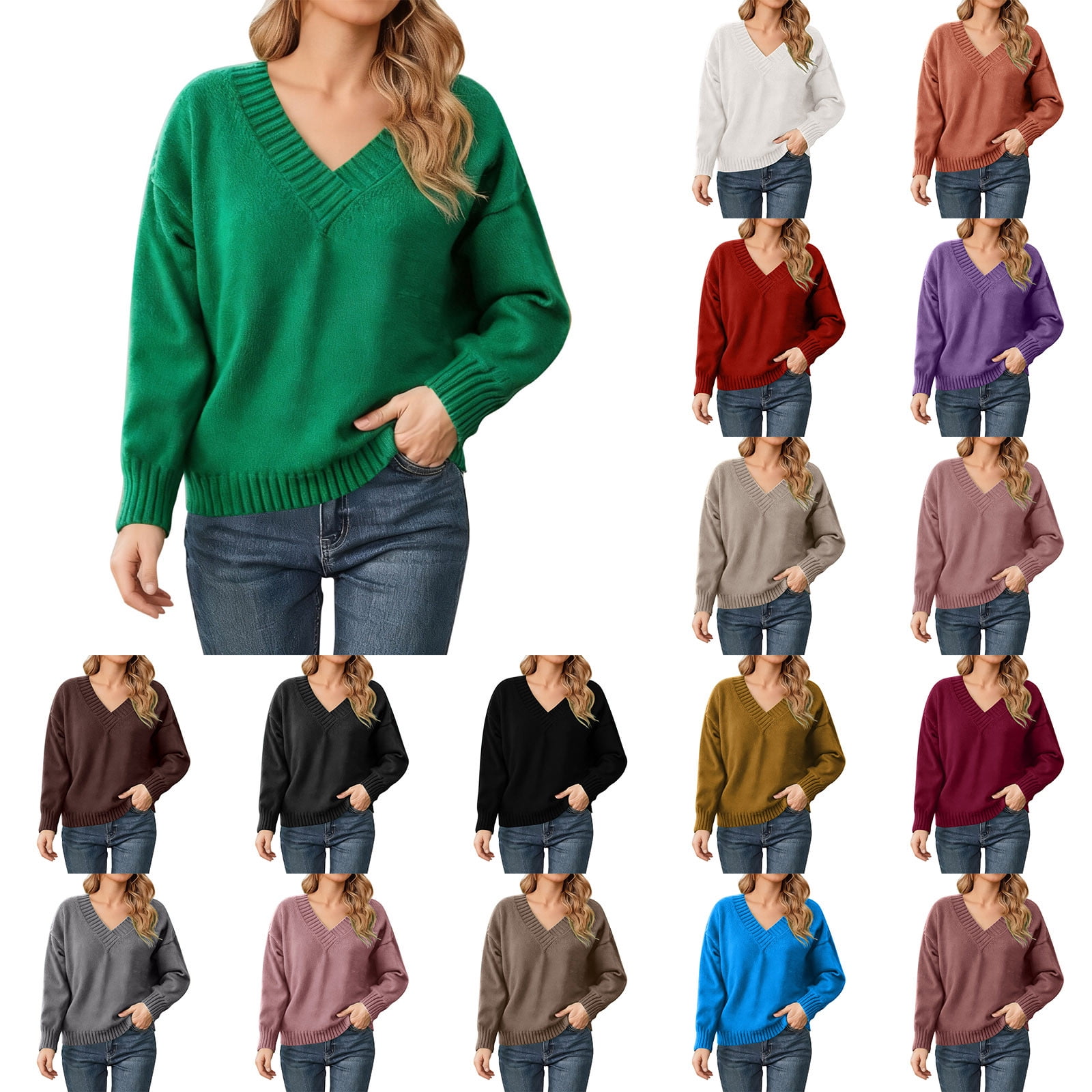 CAIXIA Womens Sweaters 2026 Solid Color Oversized V Neck Casual ...