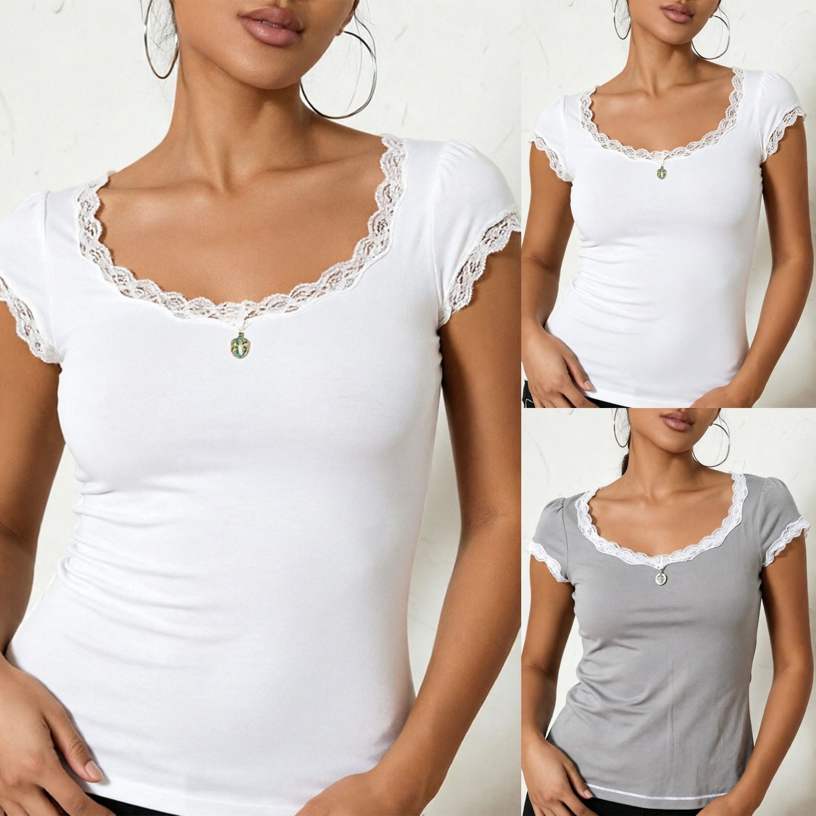 CAIXIA Womens T Shirts Women's Slim Lace Round Neck Short Sleeve Top ...