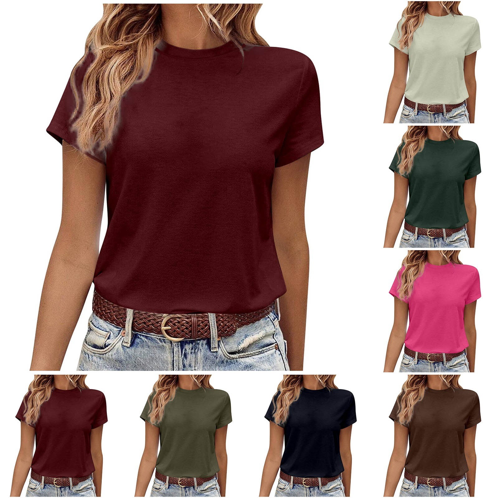 CAIXIA Womens Tshirts Women's Casual Home Commute Solid Round Neck ...
