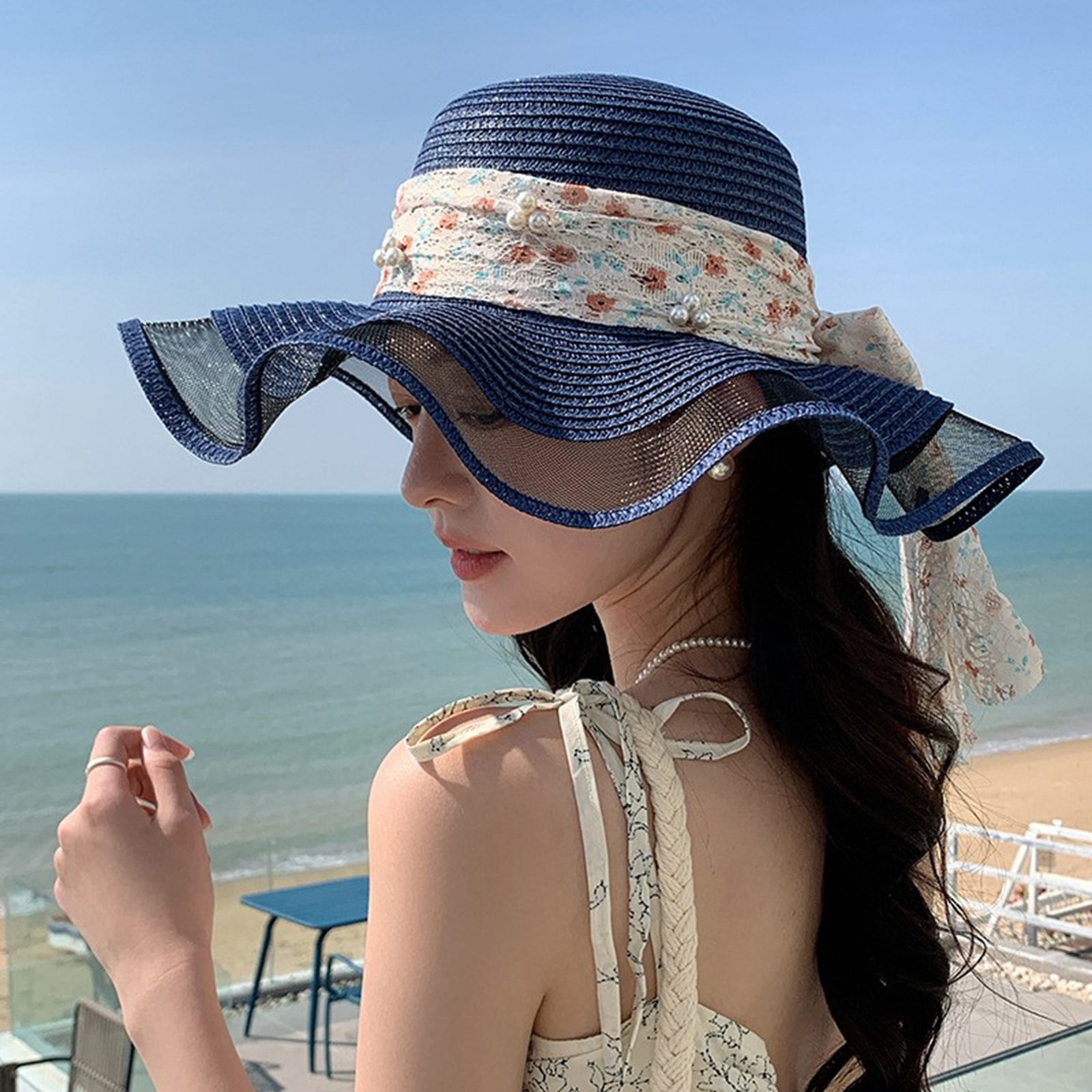 CAIXIA Woven Straw Sun Hat with Bow Summer Beach Sun Straw Hats for ...
