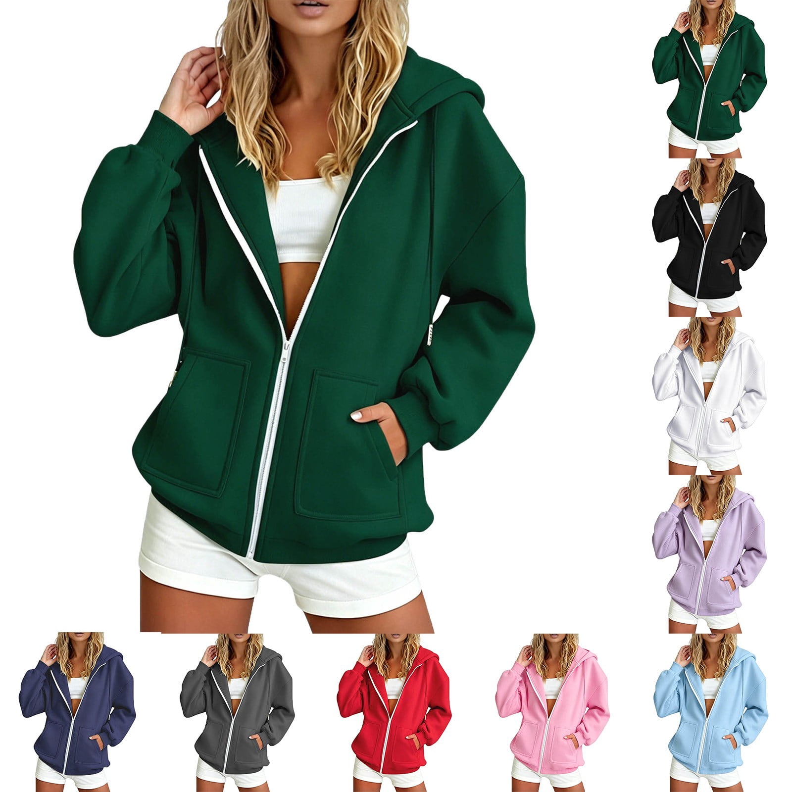 CAIXIA Zip Up Hoodie Women Long Sleeve Fall Winter Plus Size Plain ...