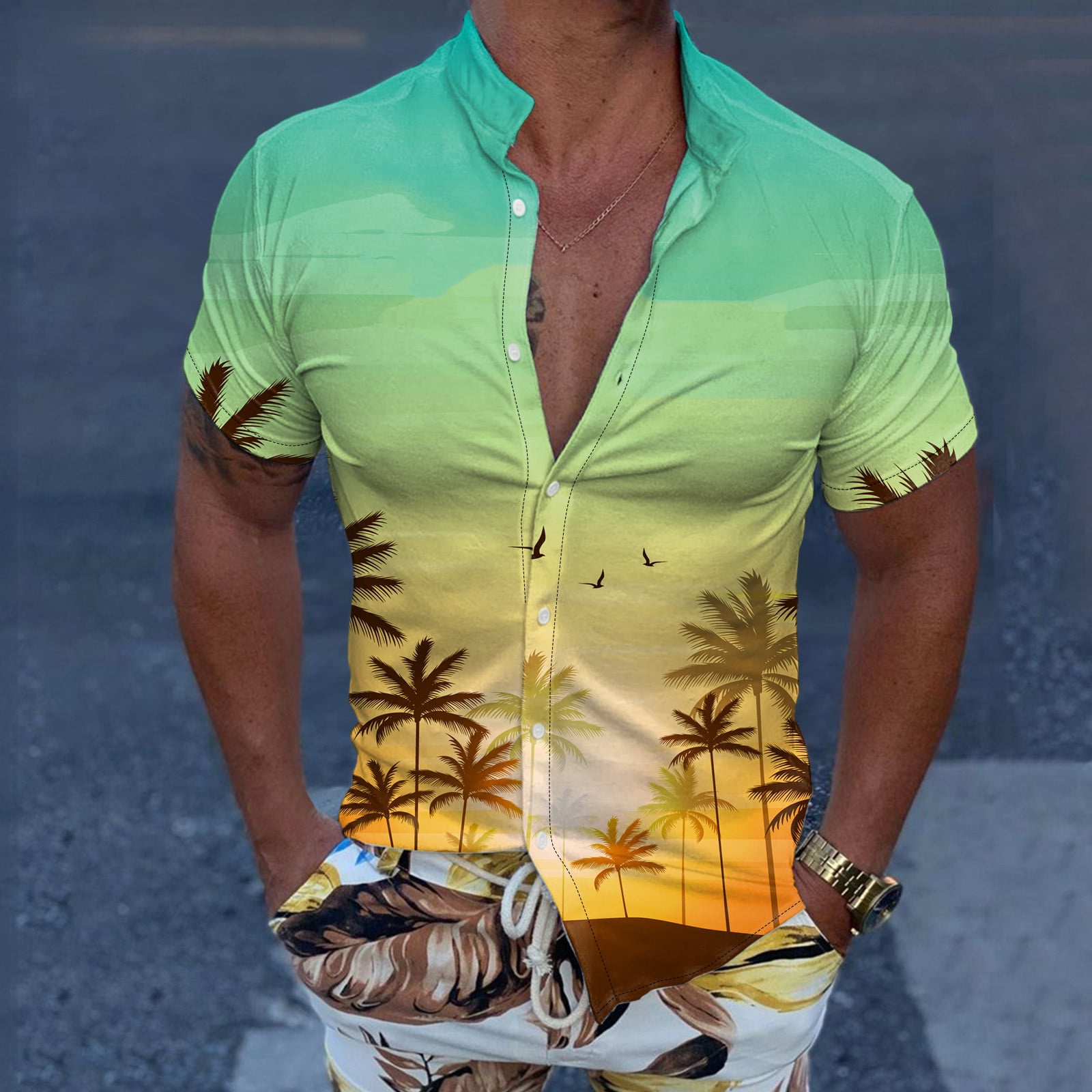 CAIfnv Mens Summer Shitrs Floral Print Hawaii Beach Button Down Plus Size Short Sleeves Slim Fit ...