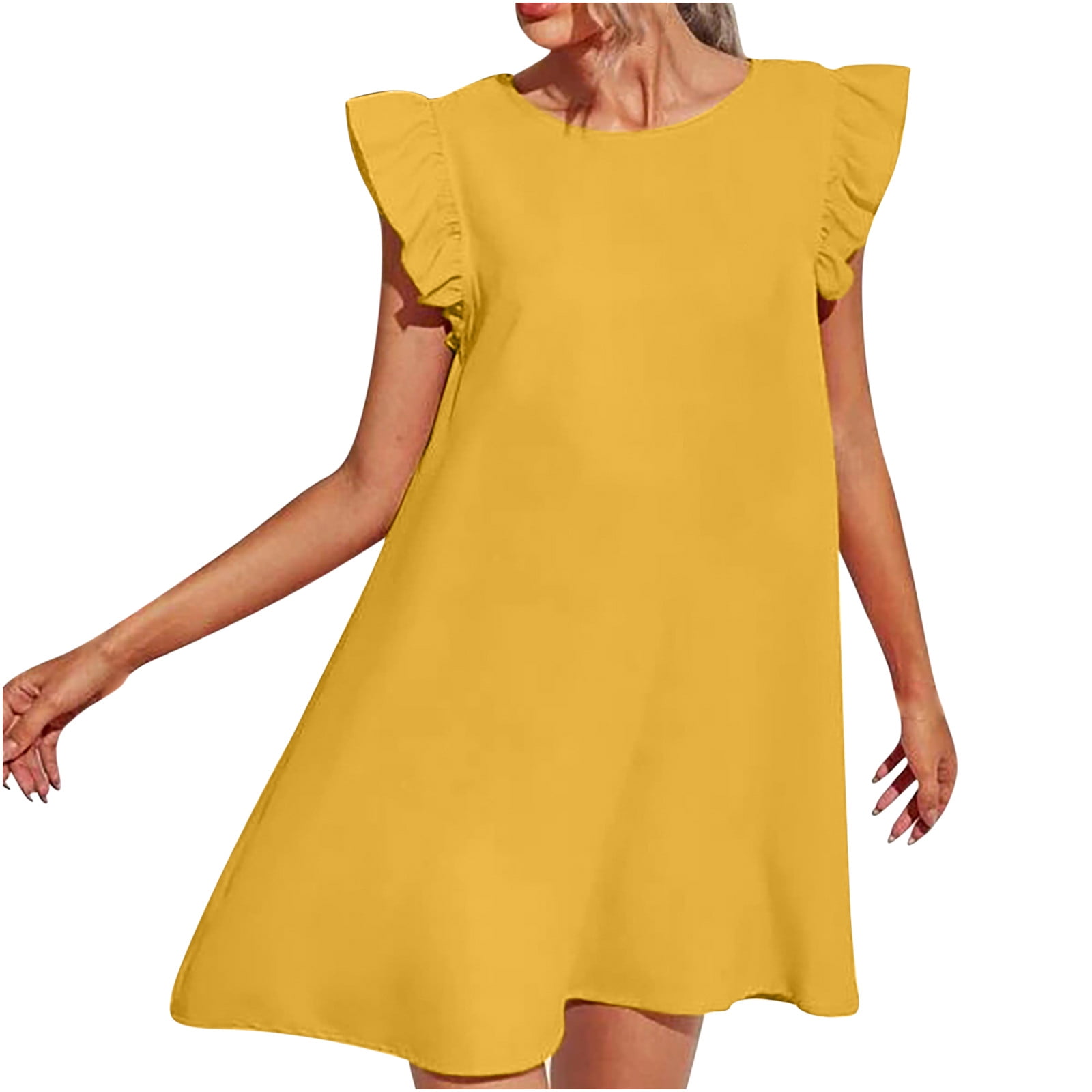 CALAFEBILA Beach Dress Sleeveless Solid Color Mini Sun Dress Ruffle ...