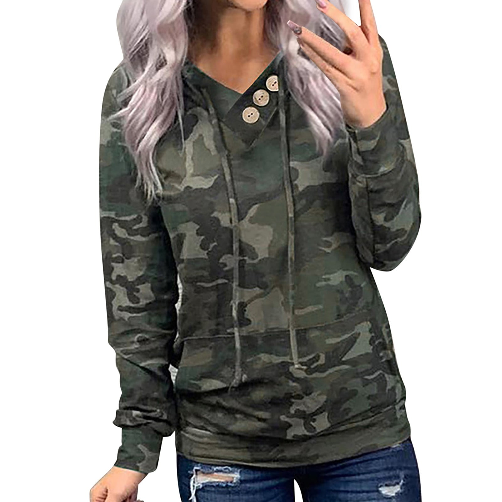 CALAFEBILA Casual Camo Hoodies for Women Winter Lightweight Long Sleeve ...