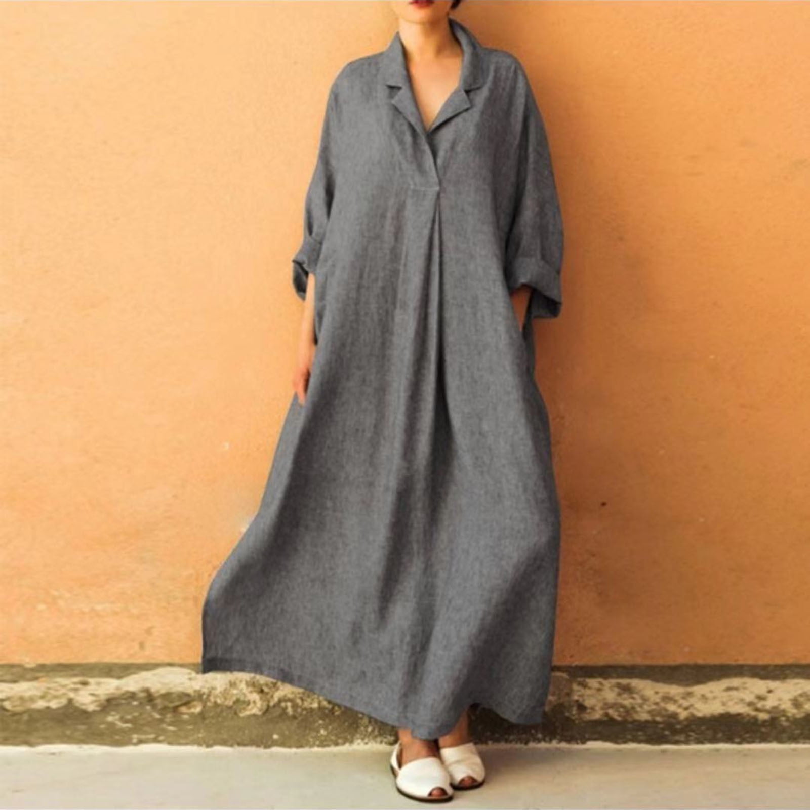 CALAFEBILA Casual Summer Dresses for Women Long Sleeve Lapel Solid ...