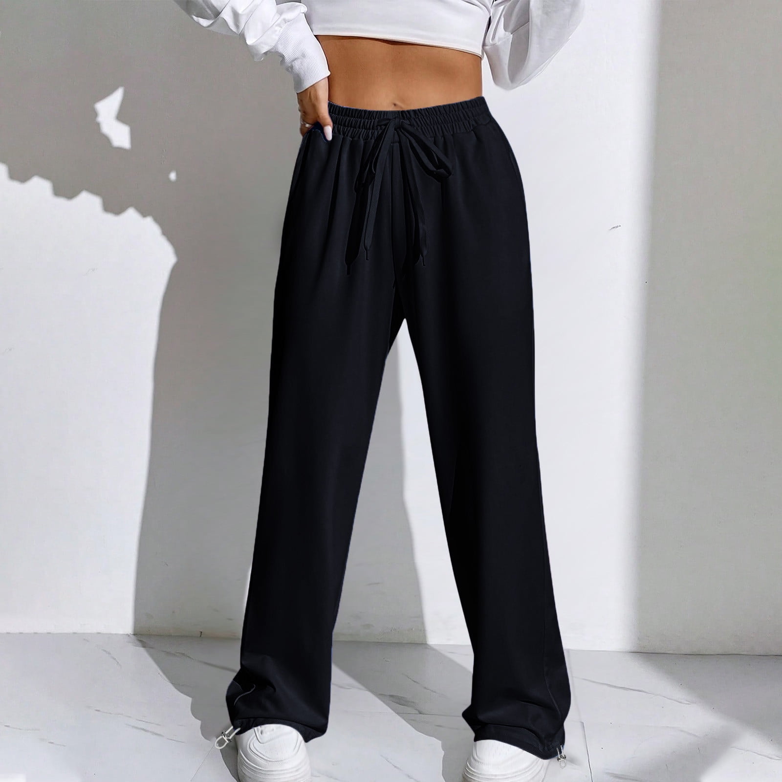 CALAFEBILA Jogger Fall Pants for Women Elastic Cotton Straight Leg High ...