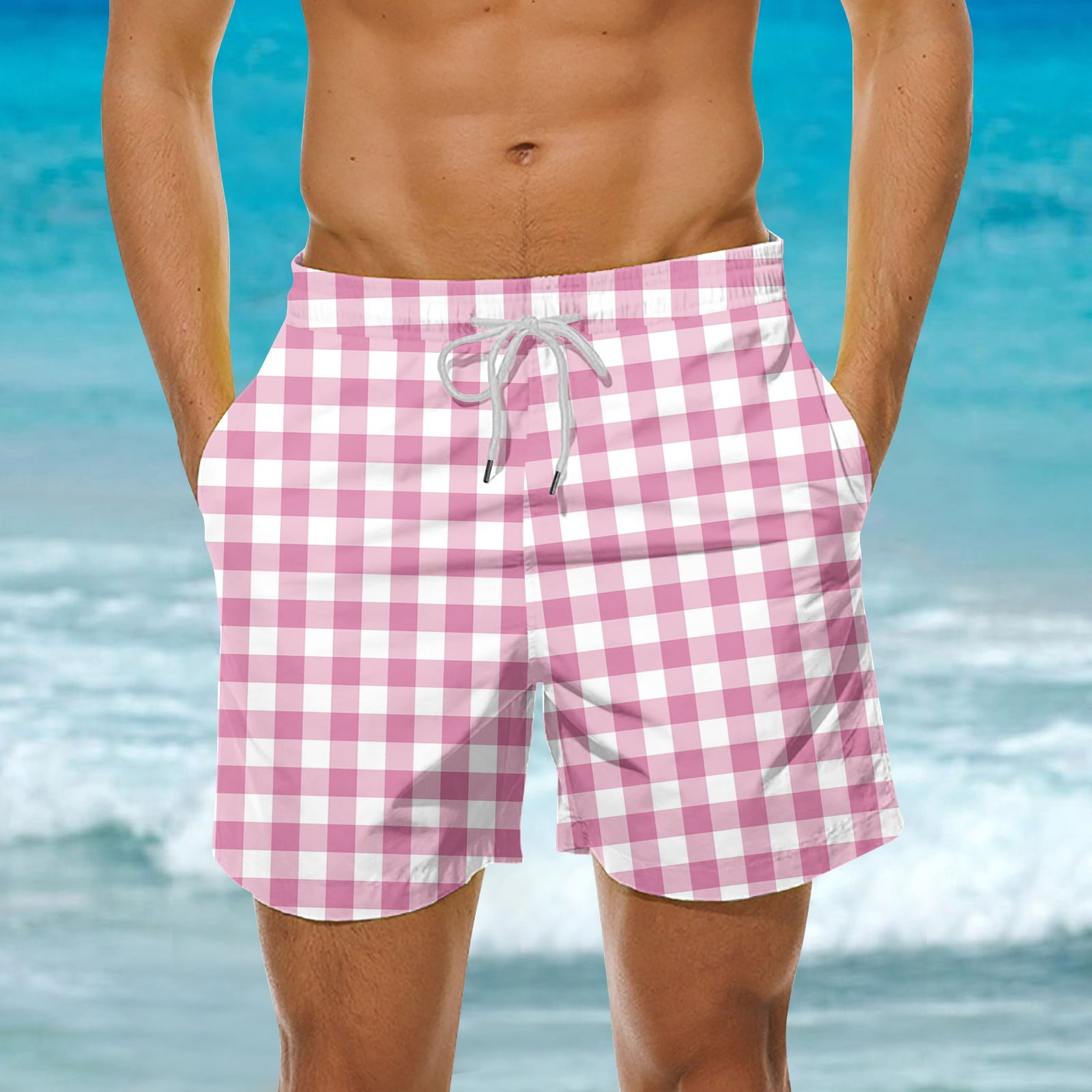 CALAFEBILA Mens Board Shorts Swimwear Summer Plaid Print Beach ...
