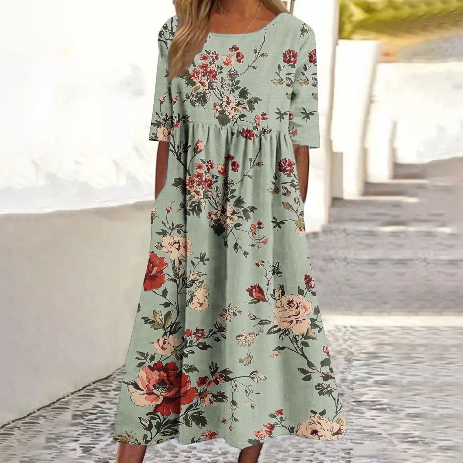 CALAFEBILA Midi Dresses for Women Short Sleeve Summer Pleated Womens ...
