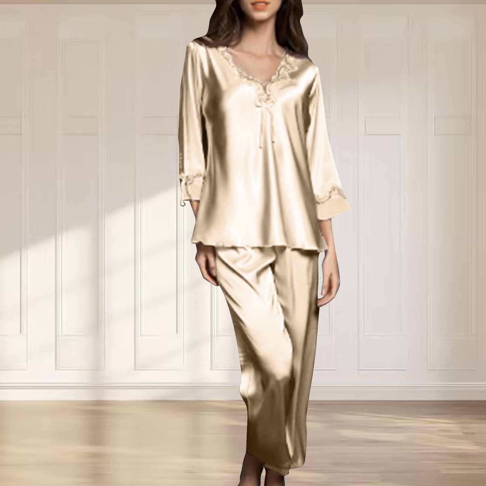 CALAFEBILA Pj Women Lace Pajamas V-Neck Satin Silk Tops and Pants ...