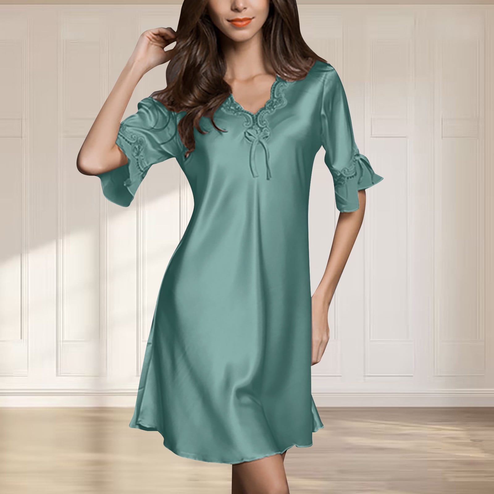 CALAFEBILA Silk Pj for Women Lace Sleepwear V-Neck Satin Silk Mini ...
