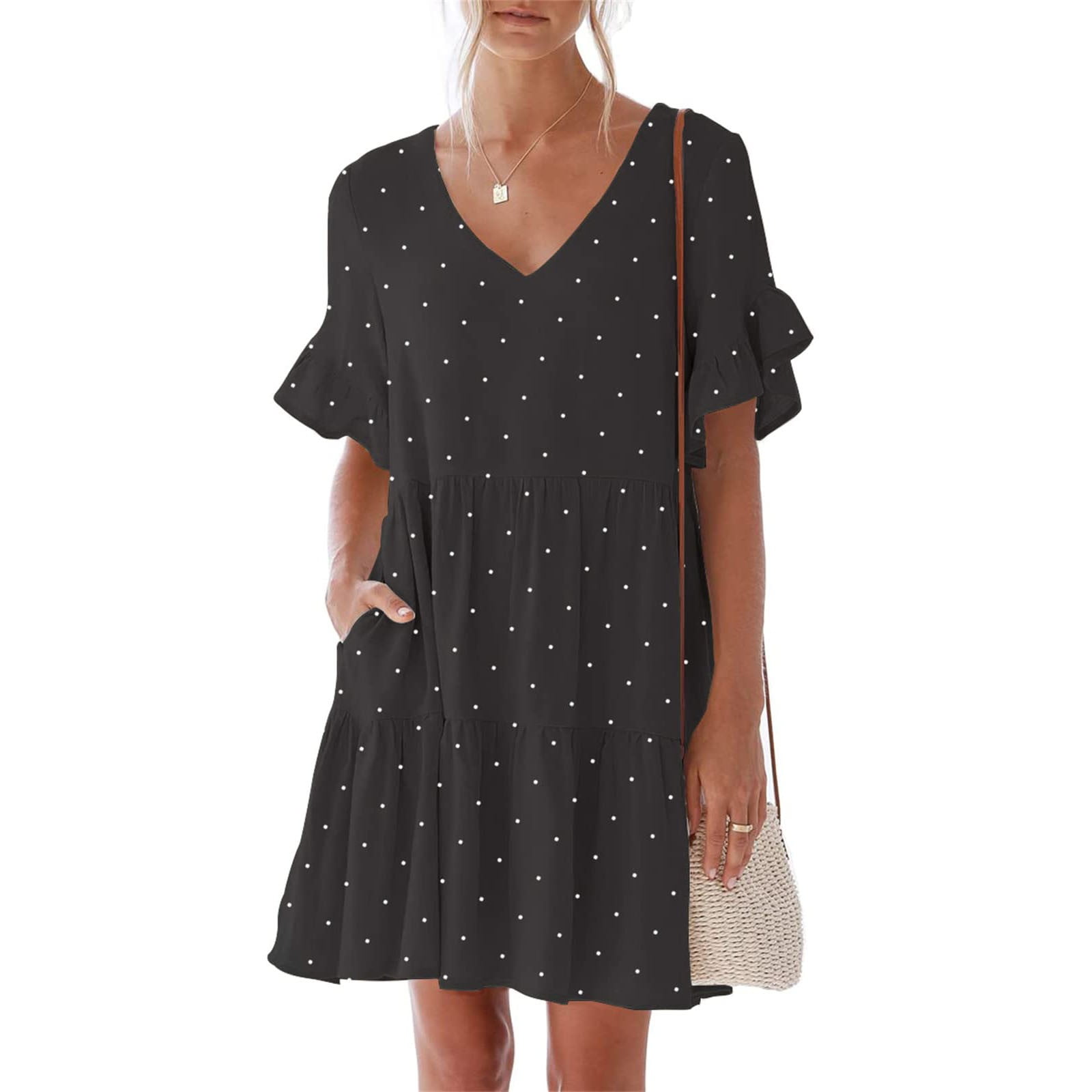 CALAFEBILA Summer Dresses for Juniors Short Sleeve V-neck Polka Dot ...