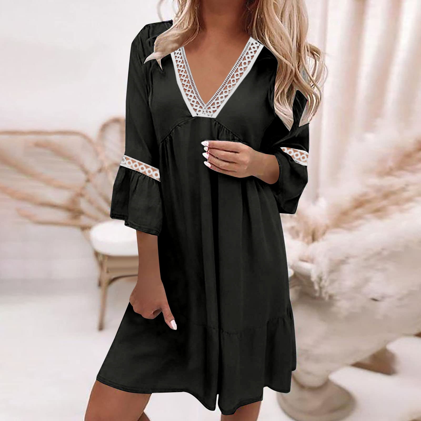 CALAFEBILA Summer Dresses for Women Short Bell Sleeve V-neck Solid ...