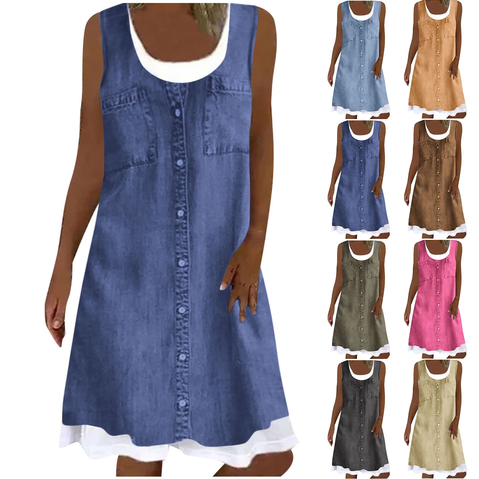 TIANEK Women's Summer Dress - Sleeveless, Solid Color, Knee Length ...