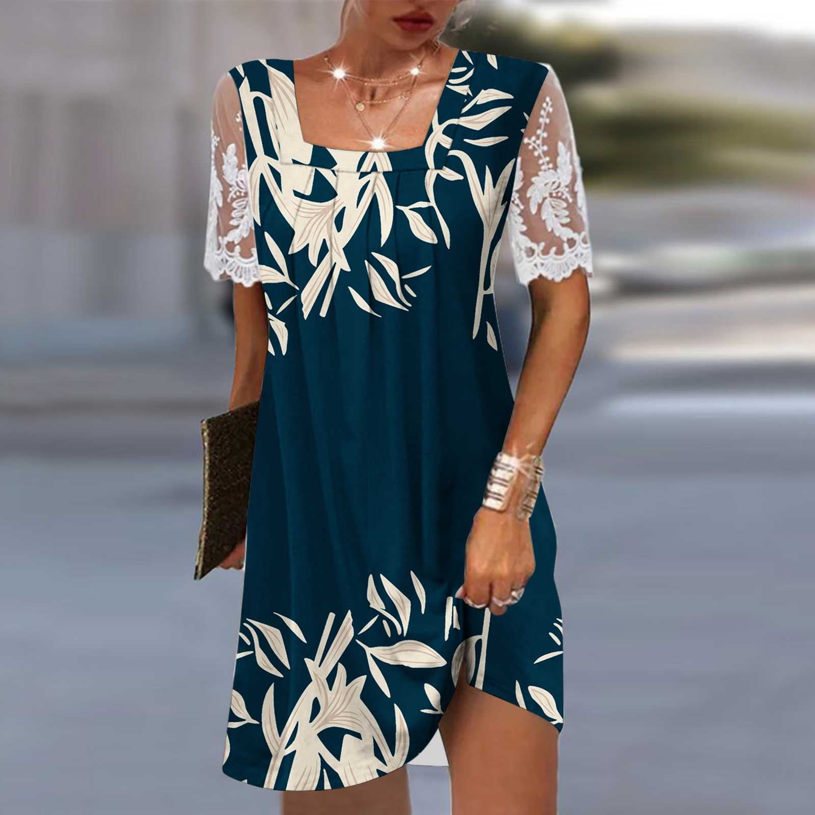 CALAFEBILA Sundresses for Plus Size Women Short Sleeve Square Neck ...