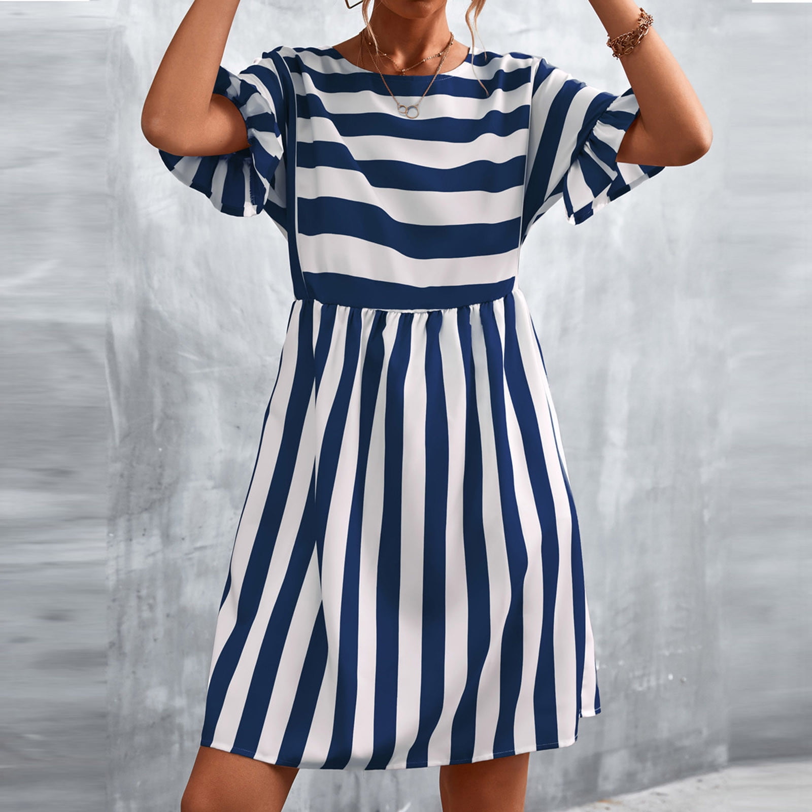 TIANEK Women's 2024 Mid Bell Sleeve Striped Sun Dress, Knee Length ...