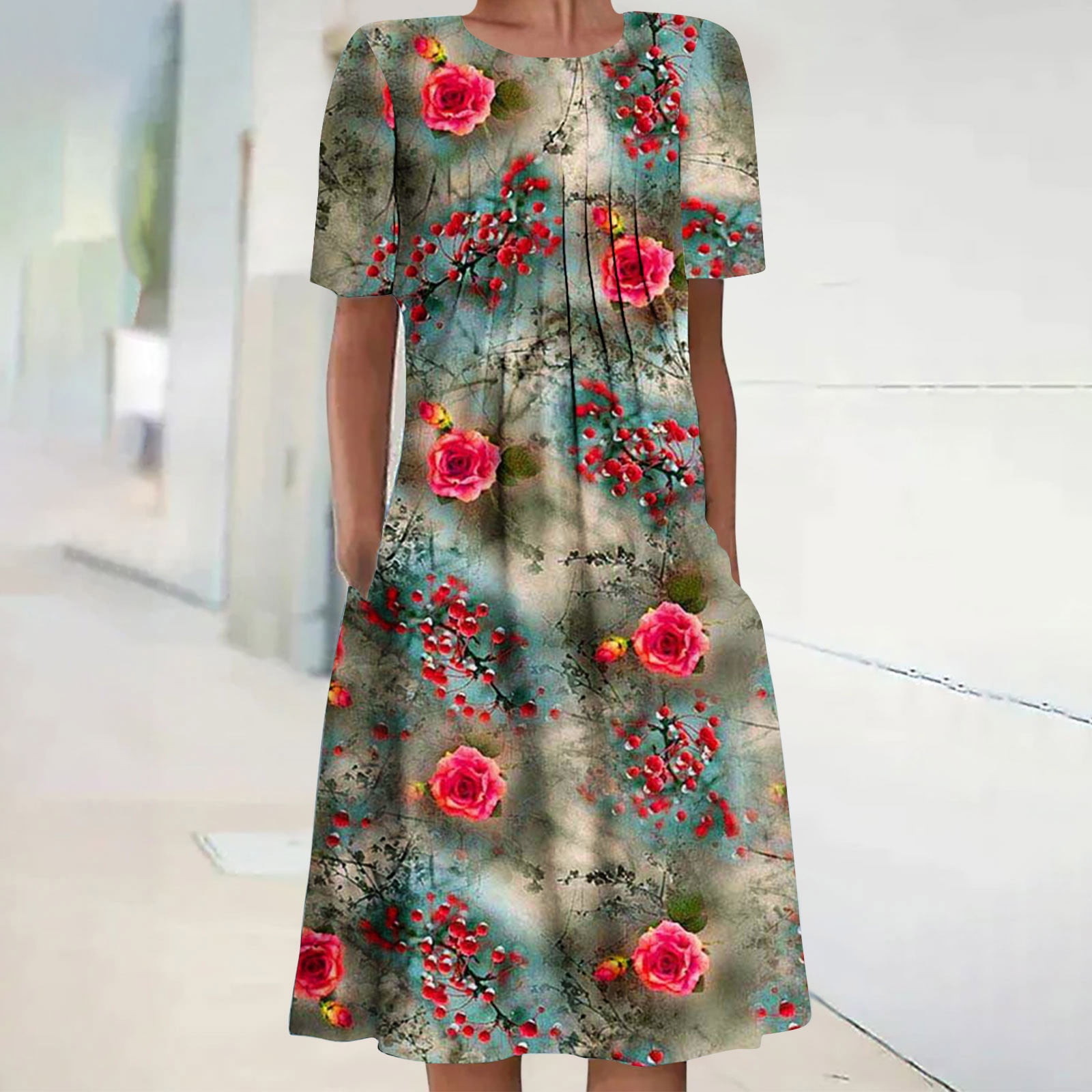 CALAFEBILA Sundresses for Women Short Sleeve Floral Knee Length Sun ...