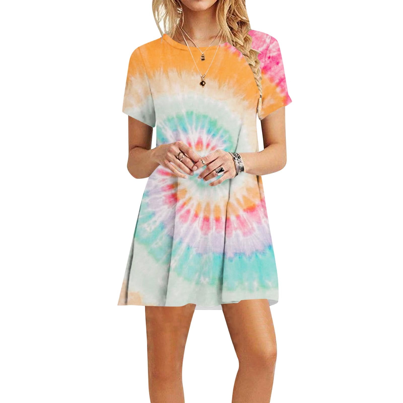 CALAFEBILA Sundresses for Women Short Sleeve Tie Dye Dresses Summer ...