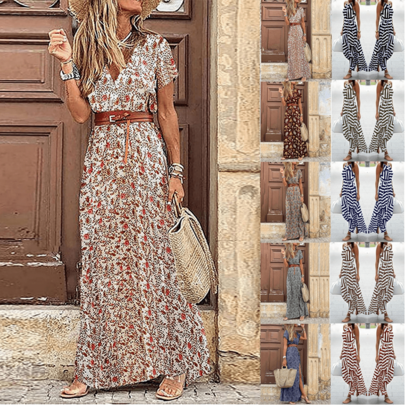 TIANEK Women's Short Sleeve V-neck Floral Maxi Boho Sundress with Belt ...