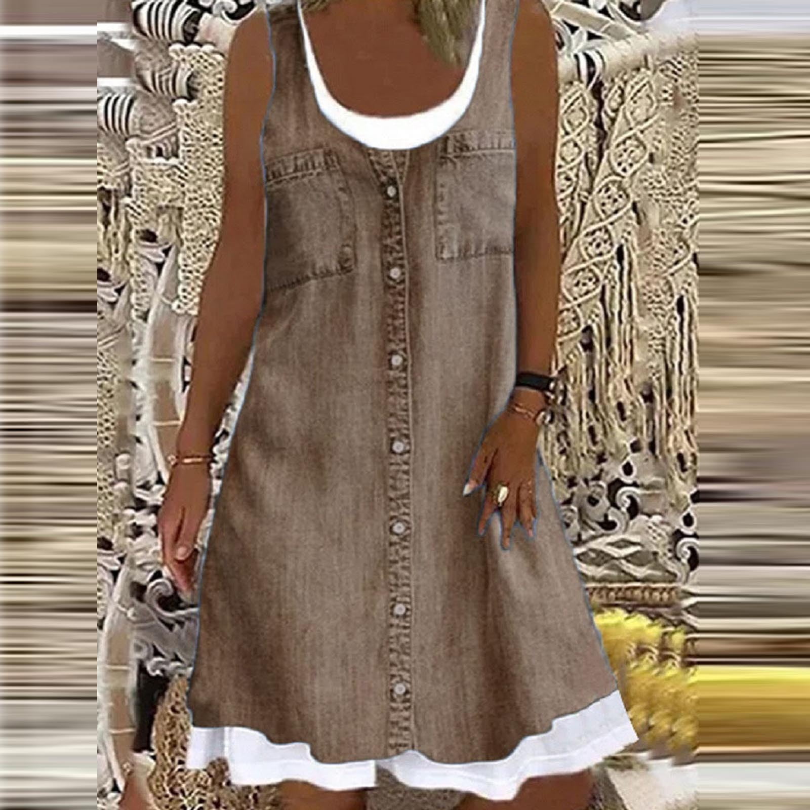 CALAFEBILA Sundresses for Women Sleeveless Crew Neck Solid Color Fake ...