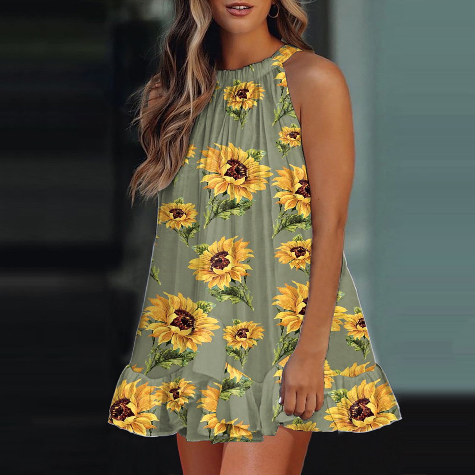 CALAFEBILA Sundresses for Women Vacation Sleeveless Halterneck Tie Dye ...