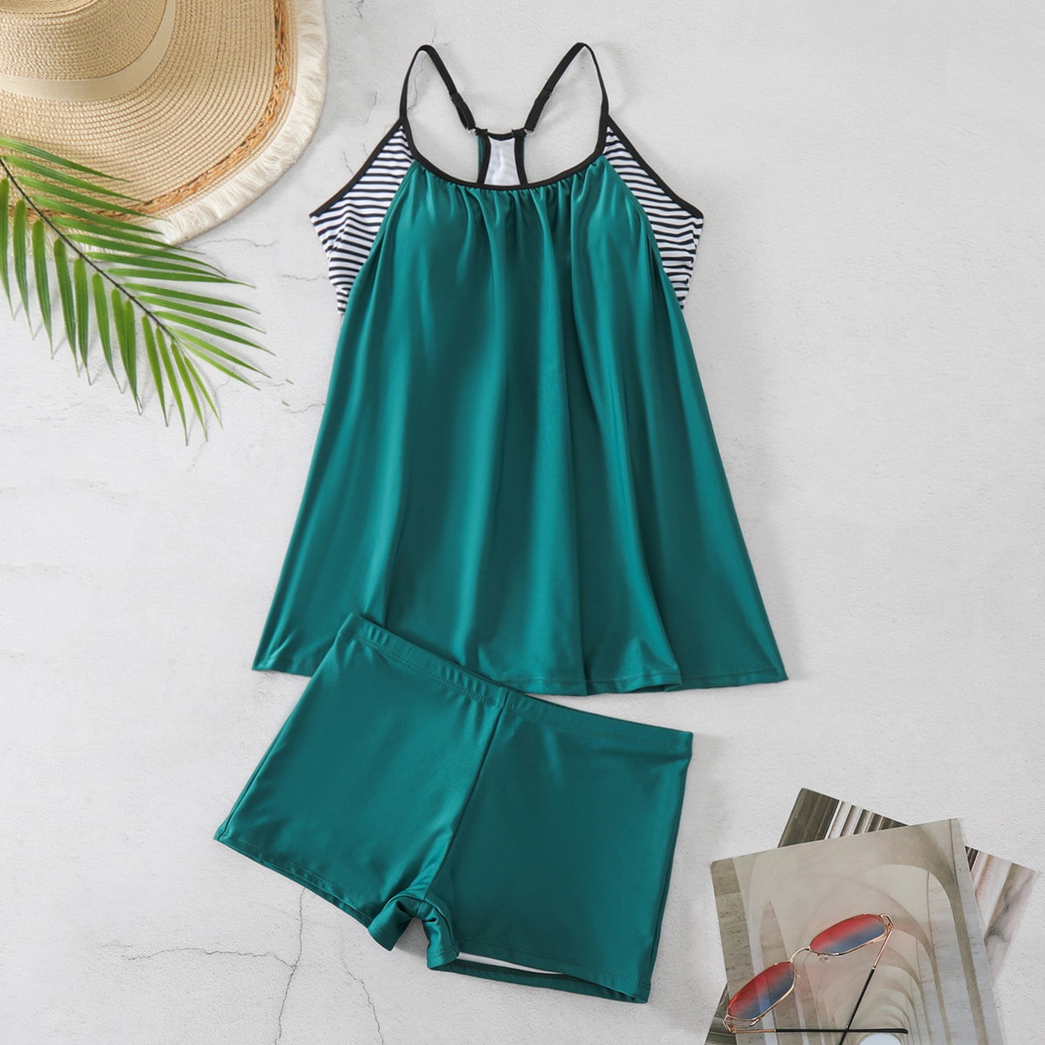 CALAFEBILA Swimsuit with Shorts Two Piece Tankini Modest Solid Summer ...